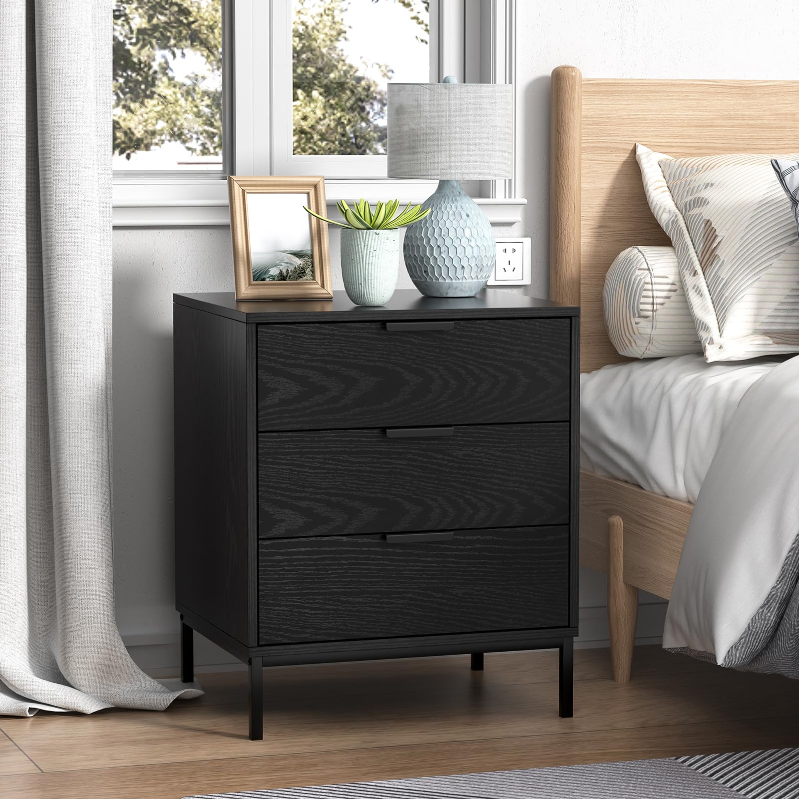 Anmytek Nightstand with 3 Drawers, Modern Wood Night Stand for Bedroom with Storage Drawers, Black Bedside Table Sofa End Side Table for Dorm Small Spaces, 15.7”D x 19.8”W x 23.7”H