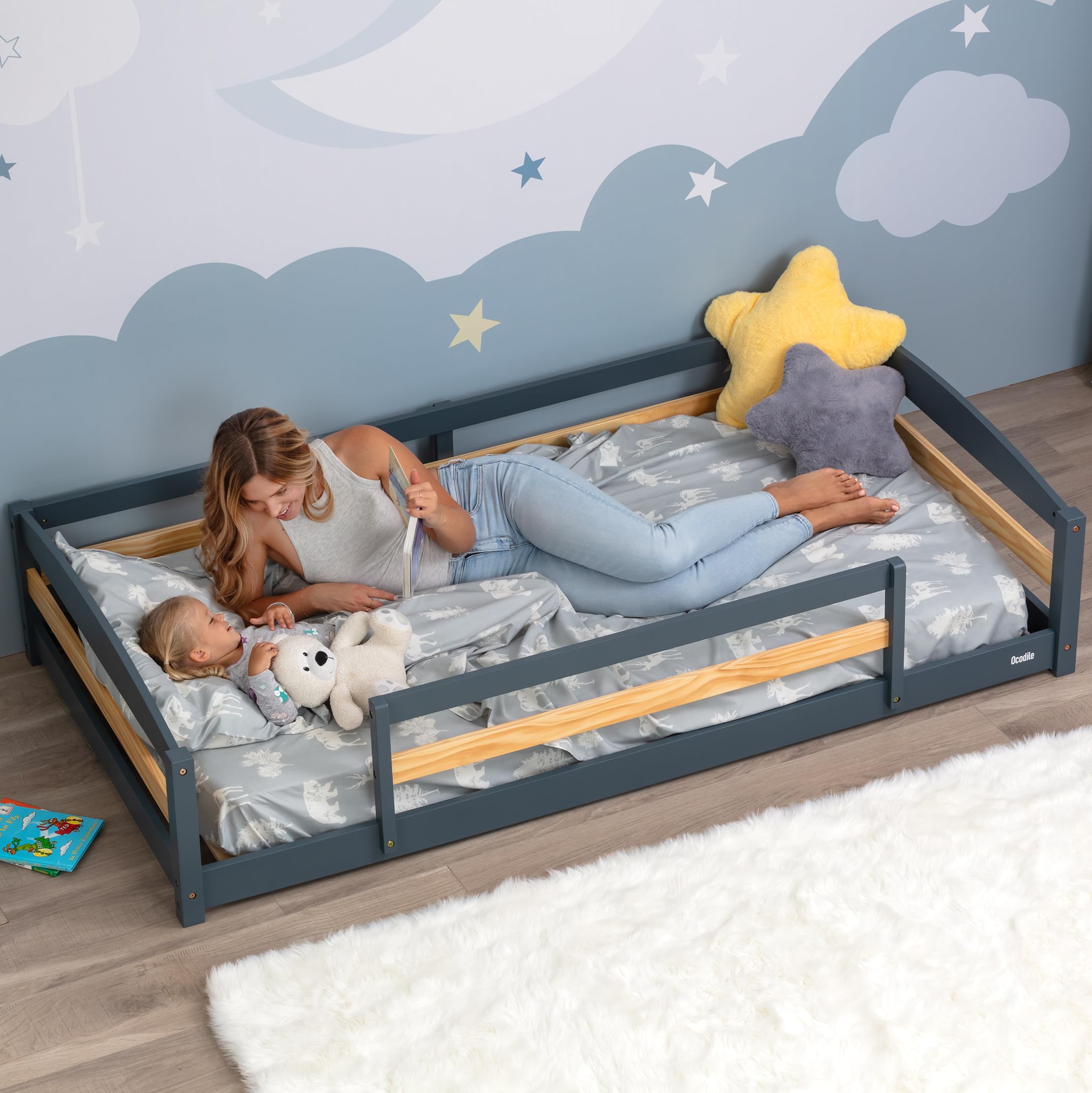 Twin Size Floor Bed with Safety Guardrails for Kids, Montessori Floor Bed with 2 Openings, Twin Bed Frame for Girls and Boys (Gray)