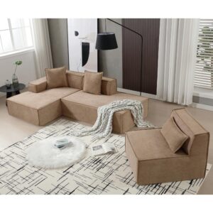 OPULHAUS Modern Minimalist Upholstered Couch，130" Oversized Modular Floor L-Shaped Sofa Set,Modern Upholstered Combination Facing Sofa, 3 PC Free Combination (130" Left-Hand Facing, Light Brown)