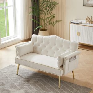 Small Velvet Loveseat Sofa with Gold Metal Legs,55-inch Modern Sofa Couch with 2 Side Pockets,Couch with Tufted Backrest for Living Room Bedroom Office (Beige)