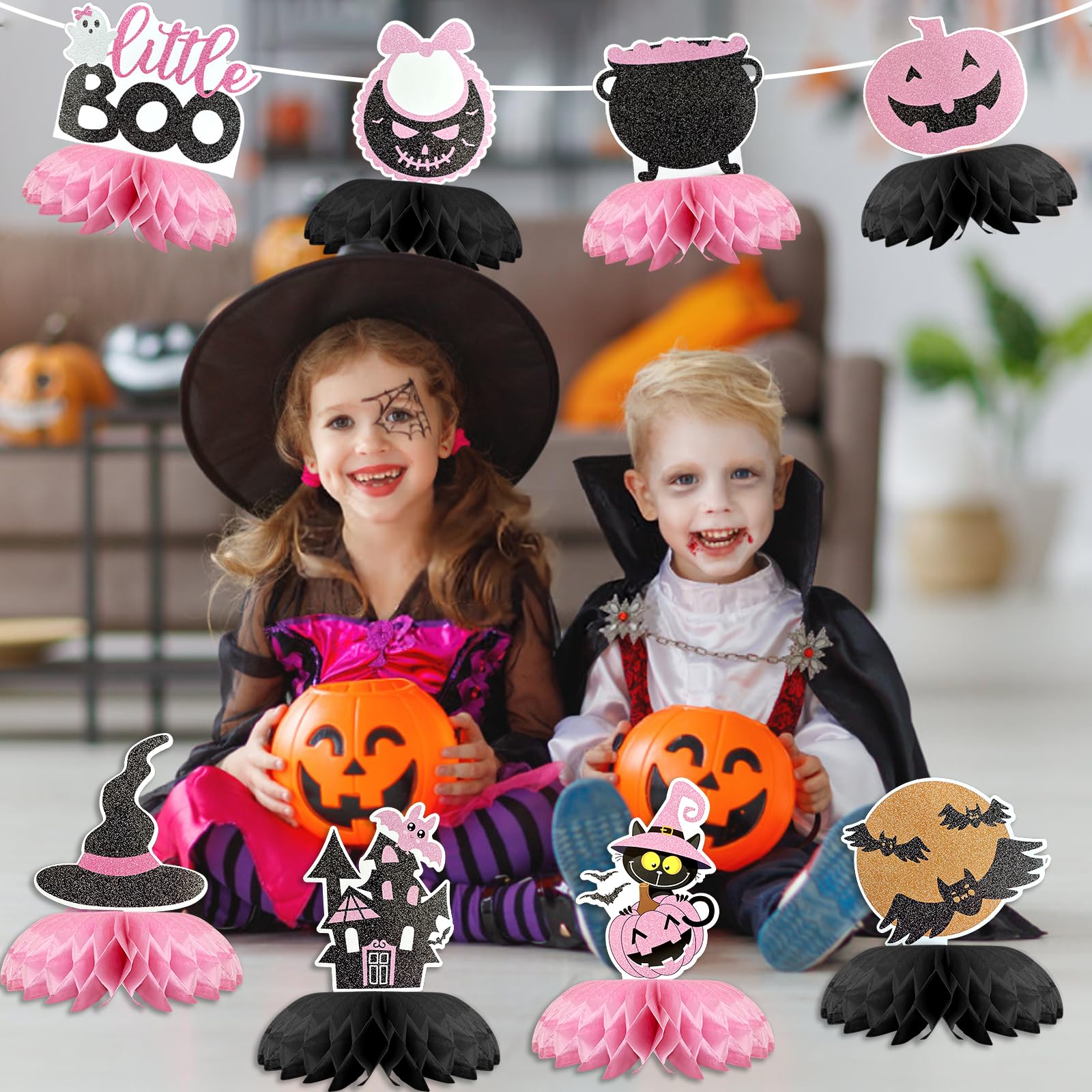 12 Pcs Pink Black Halloween Baby Shower Decorations Little Boo Halloween Honeycomb Centerpiece Table Decor 3D Double Sided Table Topper for Baby Shower Gender Reveal Birthday Party Supplies