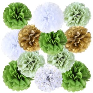 12 pcs pom poms party decorations olive sage green tissue paper white gold flowers wall hanging paper flowers dot tissue paper decor baby bridal shower birthday wedding party decorations