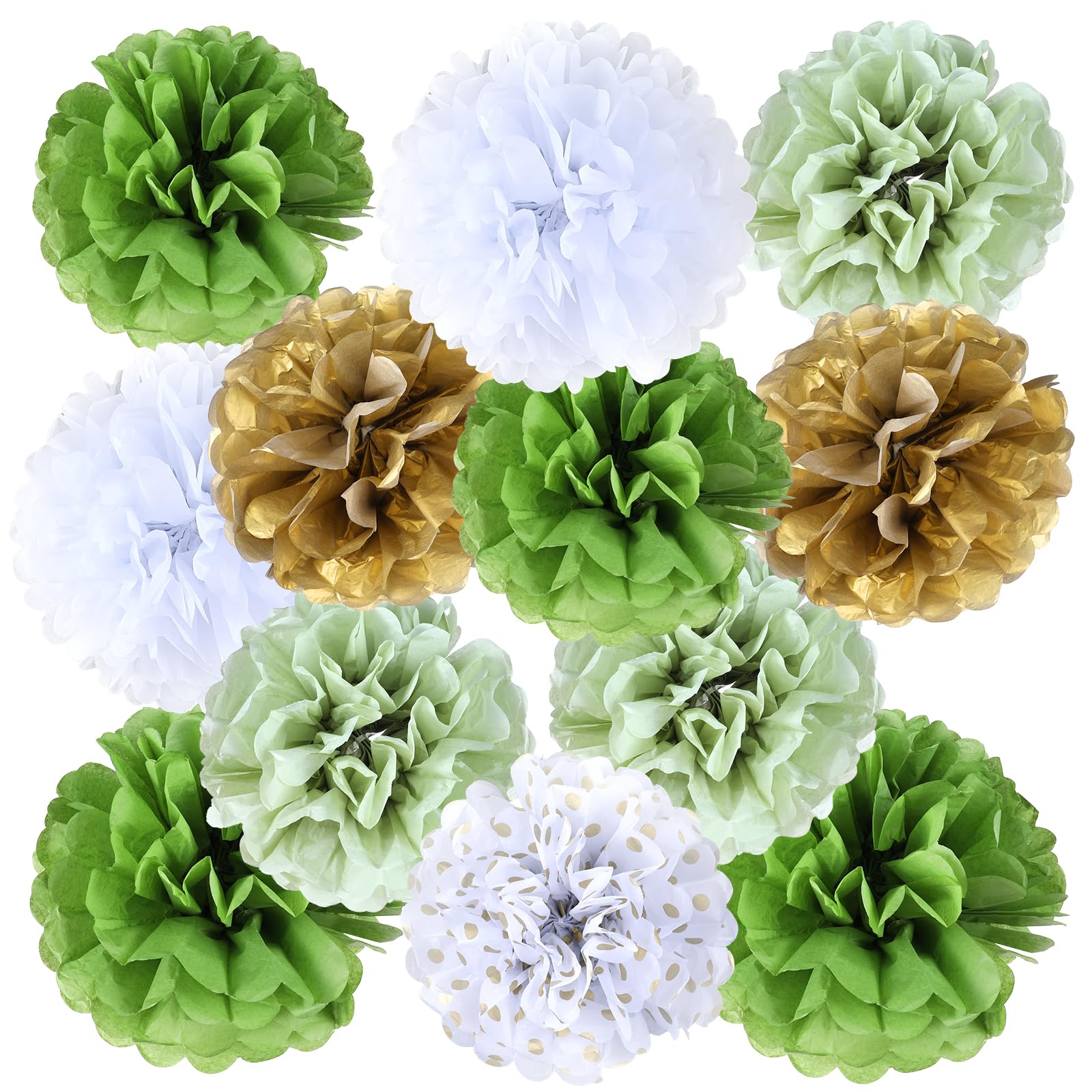 12 Pcs Pom Poms Party Decorations Olive Sage Green Tissue Paper White Gold Flowers Wall Hanging Paper Flowers Dot Tissue Paper Decor Baby Bridal Shower Birthday Wedding Party Decorations