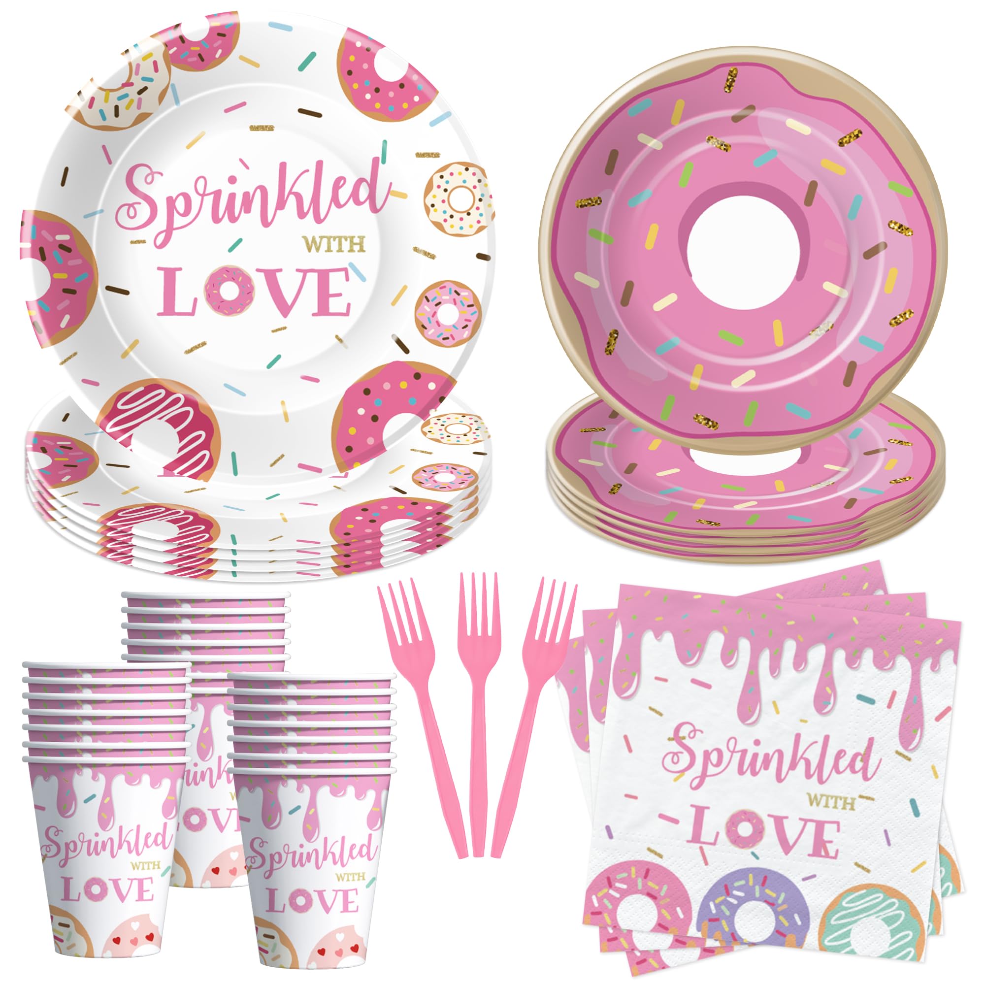 Suhelkit Donut Baby Sprinkle Decorations Tableware Girl - Sprinkled with Love Baby Shower Decorations Party Supplies, Paper Plate, Napkin, Cup, Fork, Pink Donut Baby Shower Decorations | 24 Guests