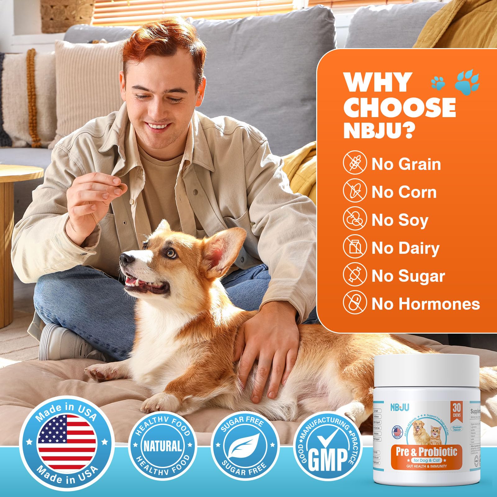 NBJU Probiotics for Dogs Cat Probiotic Chews Support Gut Health, Immunity Health, Diarrhea, Digestive Health & Seasonal Allergies - Chicken Flavor - 30 Chews Prebiotics and Probiotics