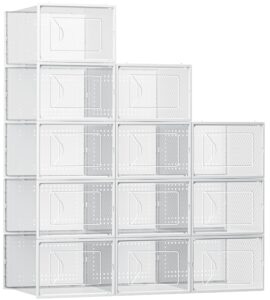 foluck shoe storage box, 12 pack clear plastic stackable shoe organizer for closet, interlocking design shoe container bins for sneakers, foldable shoe rack with lids, white