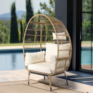 VINGLI Outdoor Egg Chair Oversized 1 Piece Egg Lounger Chair with Cushions, Wicker Egg Chair for Indoor Porch, Backyard, Living Room, Balcony, 440lb Capacity