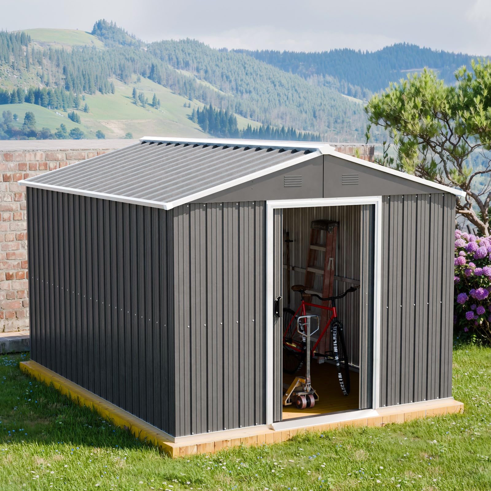 WELYAS Outdoor Metal Storage Shed 10x8FT, Outside Sheds Storage with Double Lockable Doors & Air Vent, Large Tool Sheds House for Garden Patio Lawn Backyard to Store Bikes,Lawnmower,Garage, Gray