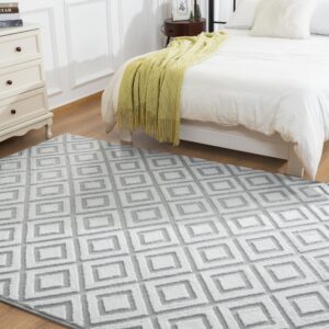 ST. BRIDGE Soft Grey Rugs for Bedroom 4x5.3 Feet, Geometric Memory Foam Rugs for Living Room, Fluffy Checkered Shaggy Area Rug for Girls Kids Dorm Room, Non-Slip Washable Modern Indoor Carpet