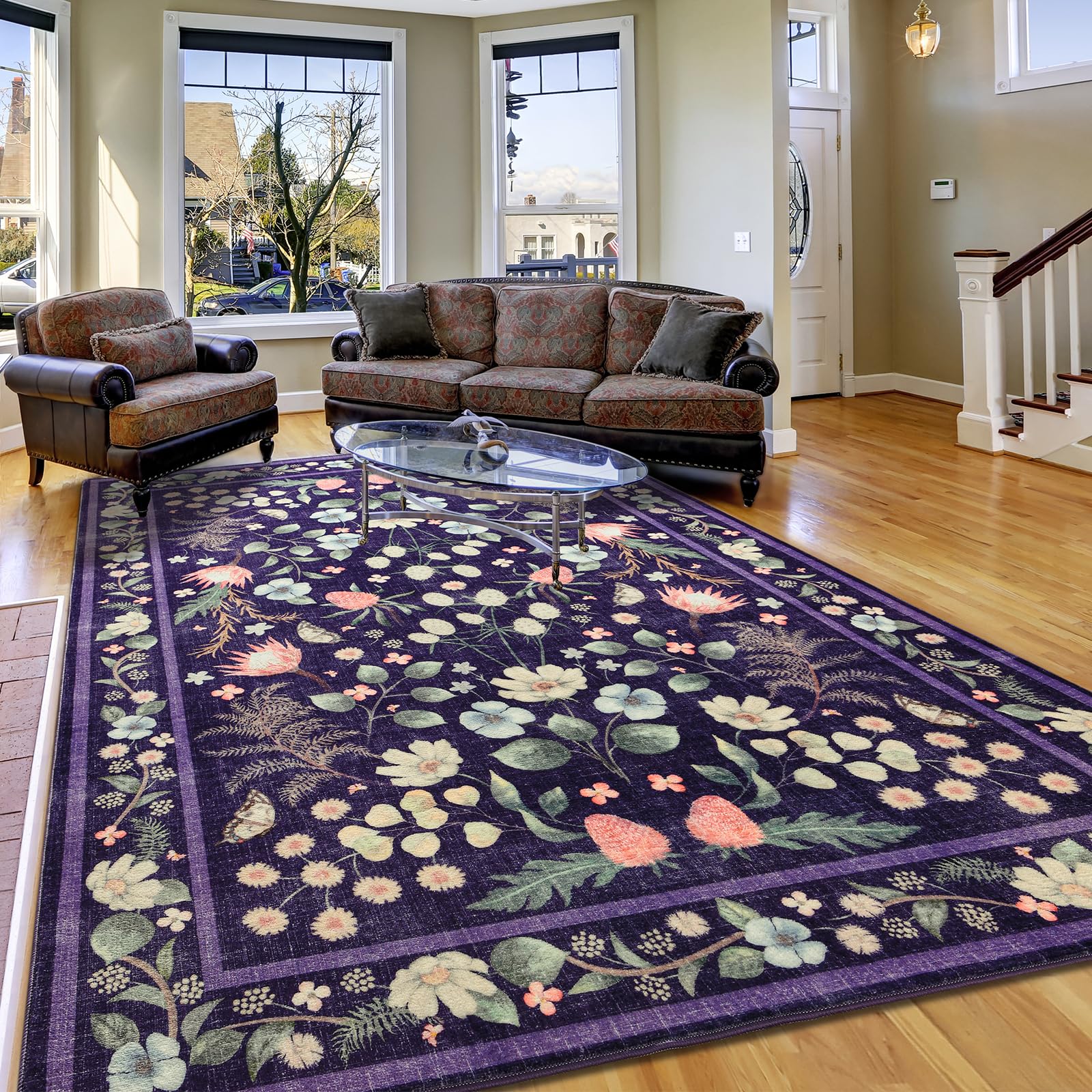 Rtizon Area Rugs for Living Room 5x7 Non-Slip Carpet Washable Boho Rug Vintage Low Pile Carpet Print Home Rugs for Bedroom Kids Room Playroom Dining Room Home Office Farmhouse,Purple