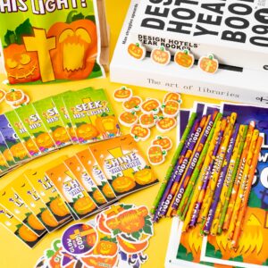 ANGOLIO 146Pcs Halloween Christian Jesus Party Bag Filler Pumpkin Cross Eraser Religious Pumpkin Pencil Notebook Pumpkin Cross Candy Bag and Sticker Halloween Decor Christian Halloween Party Supplies