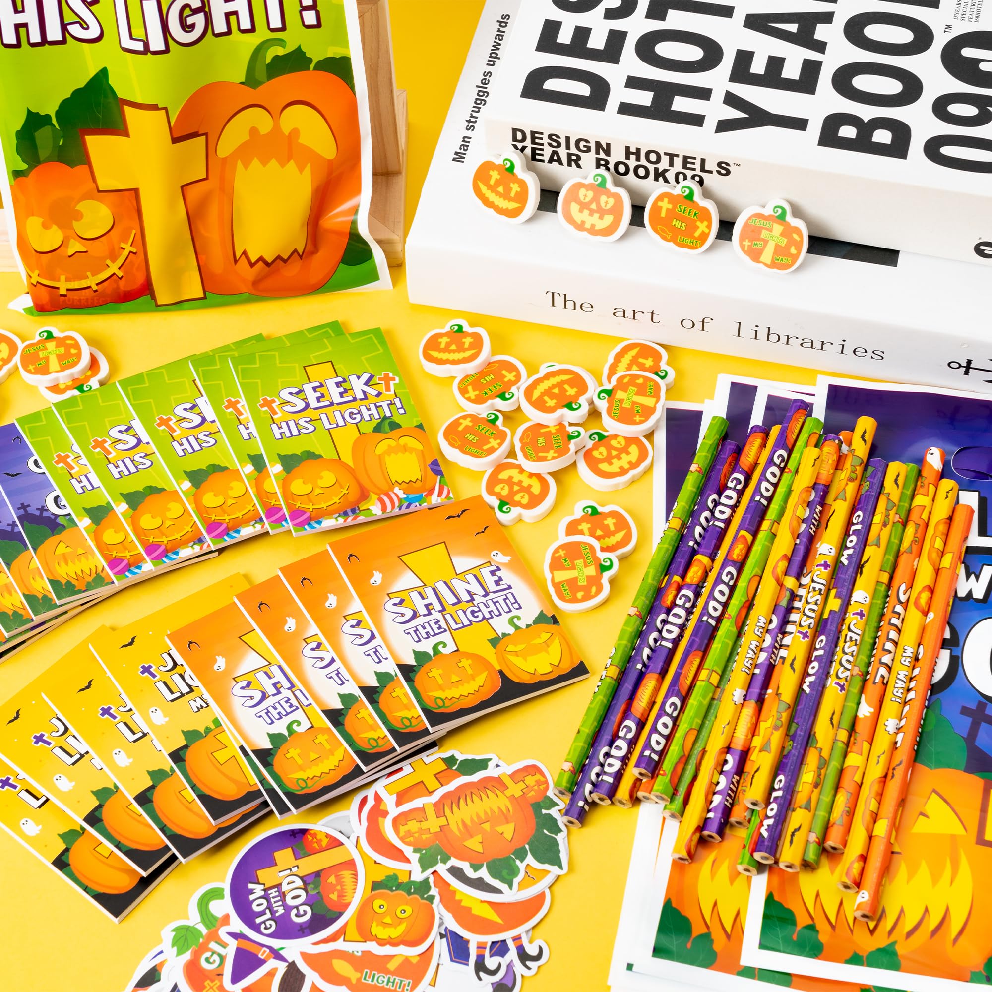 ANGOLIO 146Pcs Halloween Christian Jesus Party Bag Filler Pumpkin Cross Eraser Religious Pumpkin Pencil Notebook Pumpkin Cross Candy Bag and Sticker Halloween Decor Christian Halloween Party Supplies