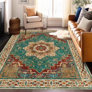 arenarug washable area rug 8x10 boho rug for living room bedroom non slip soft teal rust vintage rug oriental distressed large accent rug floral medallion floor carpet for office dining room indoor