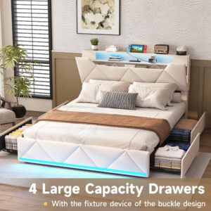 Vabches Queen Bed Frame with Storage Headboard and 4 Drawers,Upholstered Platform with Charging Station and Led Lights,Adjustable Headboard,No Box Spring Needed,Beige