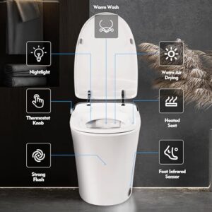 Luxury Smart Toilet with Dryer and warm water, Elongated Bidet Toilet with Heated Seat, with Remote Control, LED Night Light, Power Outage Flushing, Soft Close Cover,Whit