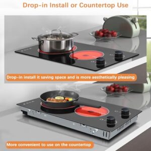 Karinear 110V Electric Cooktop 2 Burners Electric Stove 12 Inch Knob Control Countertop & Built-in Ceramic Cooktop, 9 Heating Level, Hot Warning, Over-Temperature Protection(Black Knob)