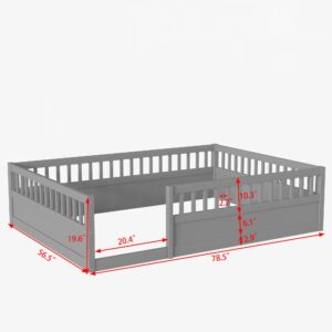 DNYN Full Size Floor Bed for Kids Bedroom,Solid Wood Bedframe w/Fence & Easy Assemble & Space Saving Design & No Box Spring Needed, Gray