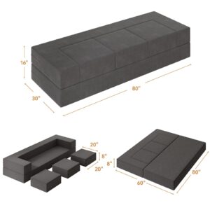 Vivaadecor Folding Bed Couch, 80''W Floor Foam Sofa with 3Ottomans& Washable Velvet Cover,Modular Sectional Sofa Futon Sleeper Convertible Memory Mattress for Guest Room/Playroom,Queen,Deep Grey