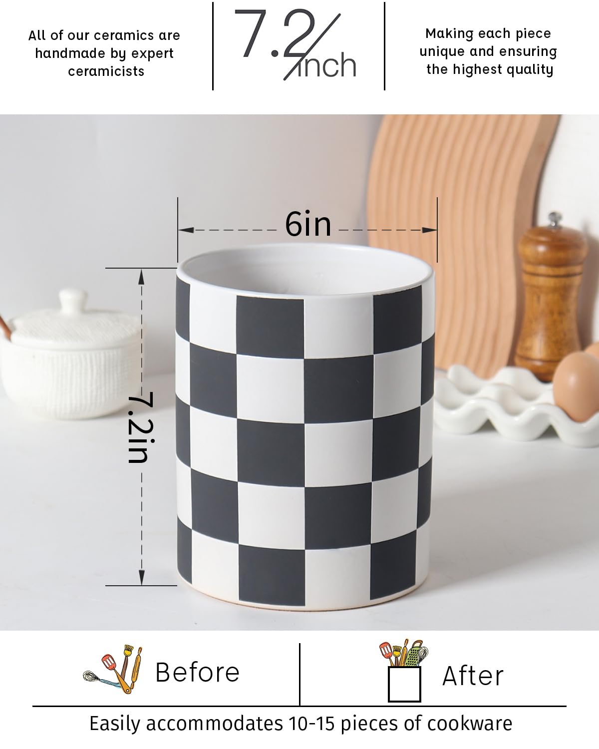 Swkien Utensil Holder，7.2 Inch Checkered Utensil Holder, Ceramic Cooking Utensil Spoon/Spatula Holder for Countertop, Kitchen Decor and Accessories for counte(Black)