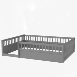 DNYN Full Size Floor Bed for Kids Bedroom,Solid Wood Bedframe w/Fence & Easy Assemble & Space Saving Design & No Box Spring Needed, Gray