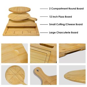 Hongsane Charcuterie Boards Gift Set,Extra Large Charcuterie Board for Party,Bamboo Cheese Board W/Pizza Board 4 Bowls 4 Knives,Mothers Birthday Gifts for Mom,House Warming Gifts New Home for Women