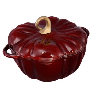 Flavehc Pumpkin Dutch Oven Pot with Lid 1.8 qt Pumpkin Cast Iron Dutch Oven for Bread Baking Red Enameled Cast Iron Dutch Oven with Handels