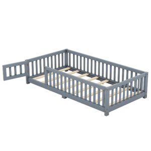 DNYN Twin Size Floor Bed for Kids Bedroom,Solid Wood Bedframe w/Door/Safety Guardrails/Wood Slat Support/Easy Assemble/Space Saving Design/No Box Spring Needed, Gray