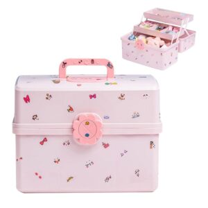 vufvoid kids hair accessories organizer portable cosmetic toolbox with drawers, 3-layer plastic organizer for girls, hair accessories, art supplies, nail polish, pink