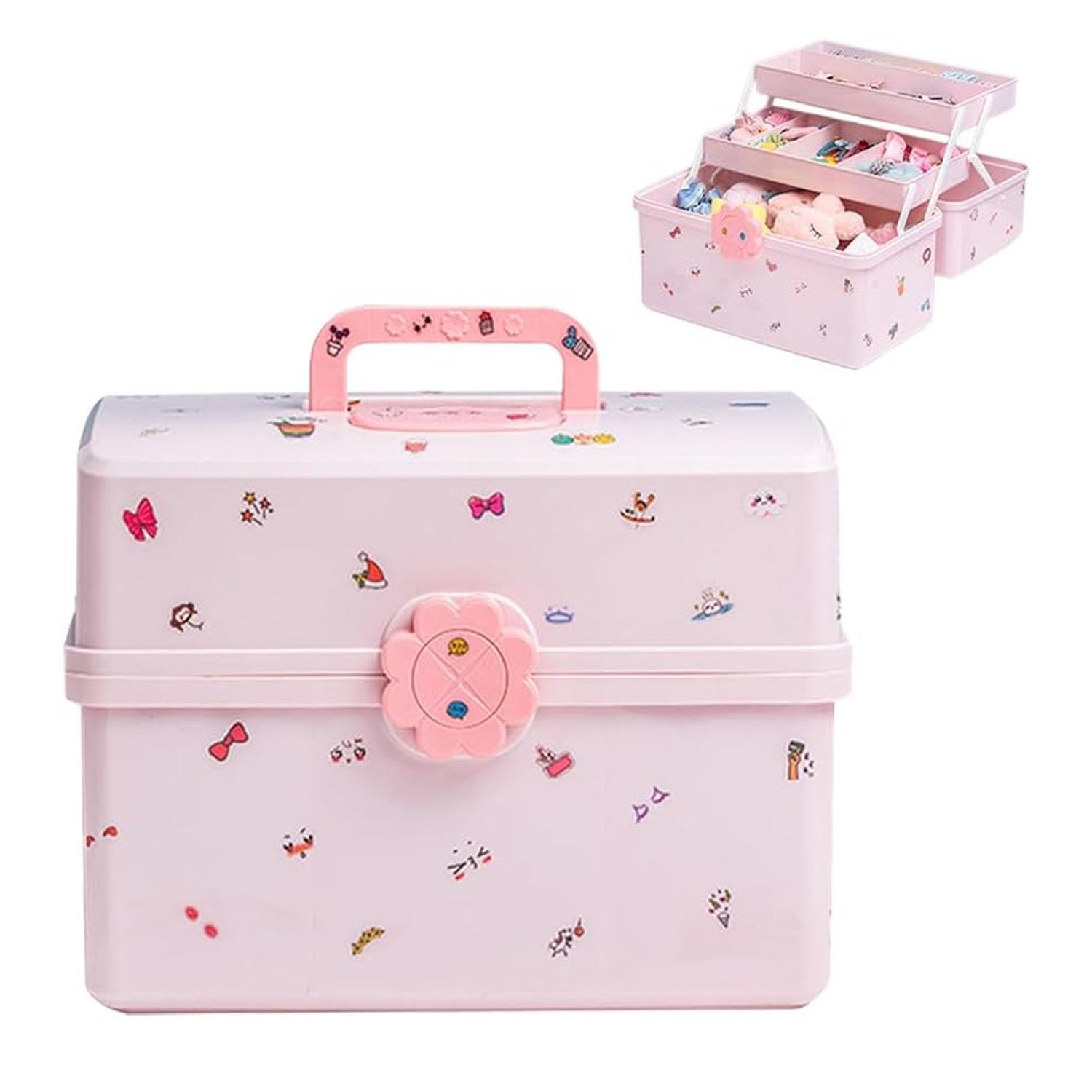 VUFVOID Kids hair accessories organizer Portable Cosmetic Toolbox with Drawers, 3-Layer Plastic Organizer for Girls, Hair Accessories, Art Supplies, Nail Polish, Pink