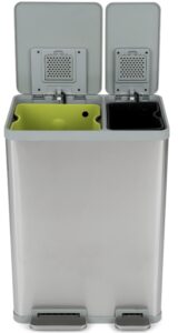 simpli-magic 60 liter / 16 gallon rectangular hands-free dual compartment recycling kitchen step trash can with soft-close lid, brushed stainless steel (38l x 22l capacity)