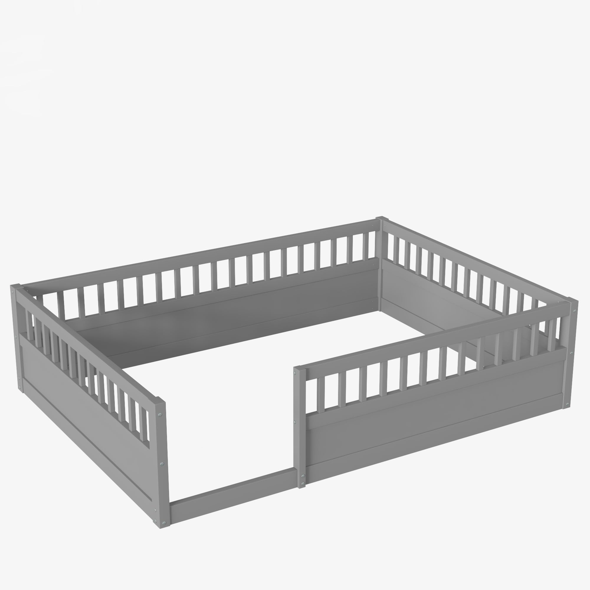 DNYN Full Size Floor Bed for Kids Bedroom,Solid Wood Bedframe w/Fence & Easy Assemble & Space Saving Design & No Box Spring Needed, Gray