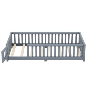 DNYN Twin Size Floor Bed for Kids Bedroom,Solid Wood Bedframe w/Door/Safety Guardrails/Wood Slat Support/Easy Assemble/Space Saving Design/No Box Spring Needed, Gray