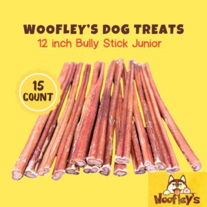 Woofley's 12 Inch Bully Sticks for Small Dogs - (15 Count) - Bully Sticks for Dogs - Safe Bully Stick Dog Chews -Easily Digestible Dog Bully Sticks