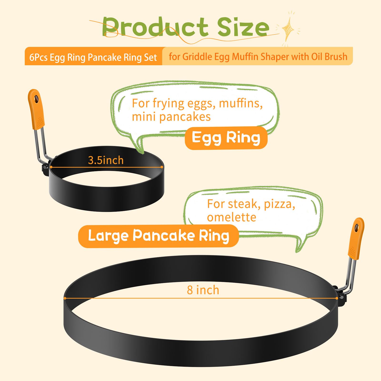 BYTANA 6 Pcs Egg Rings Set with Oil brush, 8" Omelette Ring of 2, 3.5" Egg Rings of 4, Non-stick Round Crumpet Ring with Heat-resistant Silicone Handle for Frying Eggs Muffins Cooking