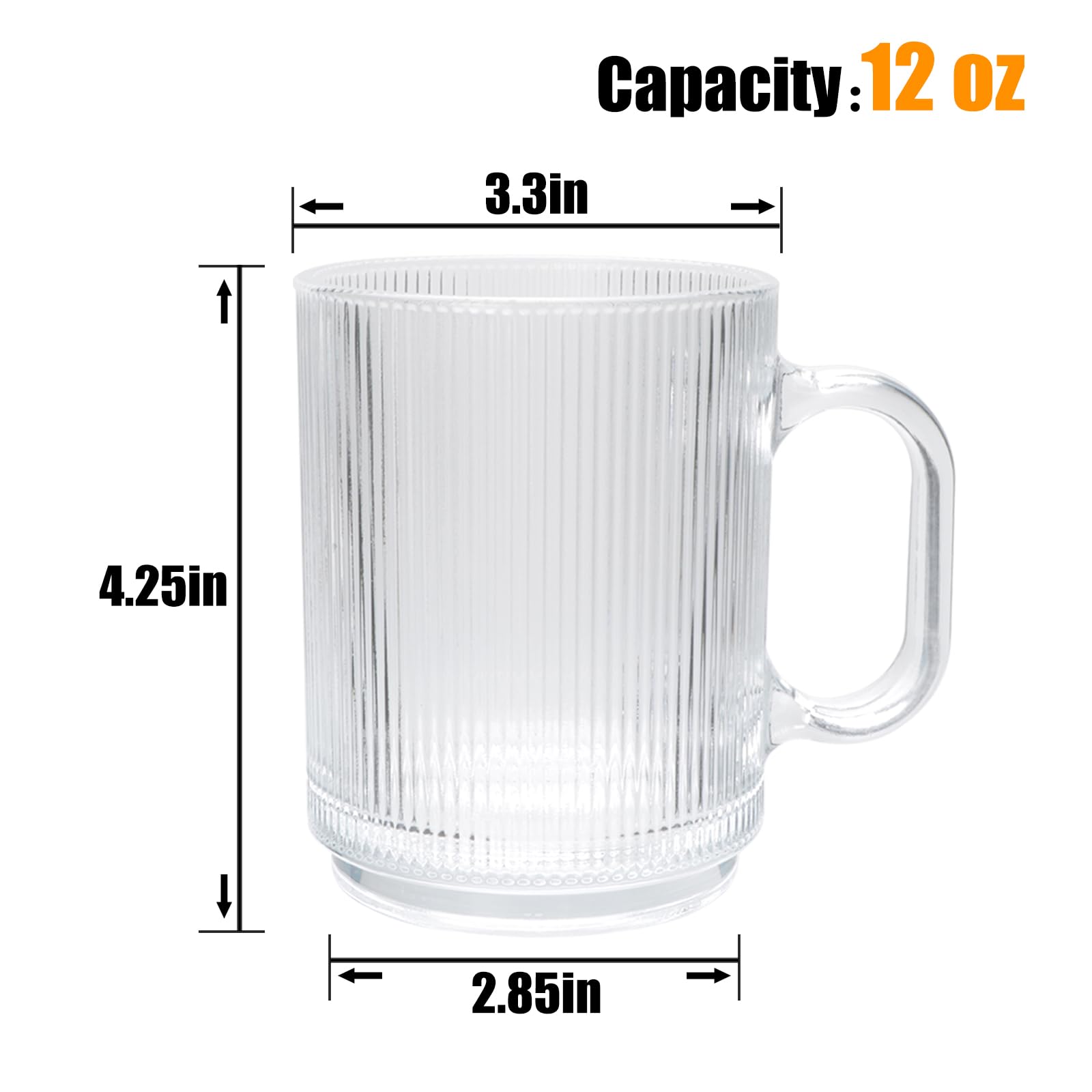 Cadamada 12 oz Glass Coffee Mugs with Handle, Classic Vertical Stripes Glass Coffee Cups, Transparent Tea Cup for Beverages, Latte,Glassware Set for Americano, Cappuccino,Hot Milk,2 Pack