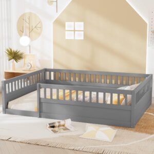 dnyn full size floor bed for kids bedroom,solid wood bedframe w/fence & easy assemble & space saving design & no box spring needed, gray