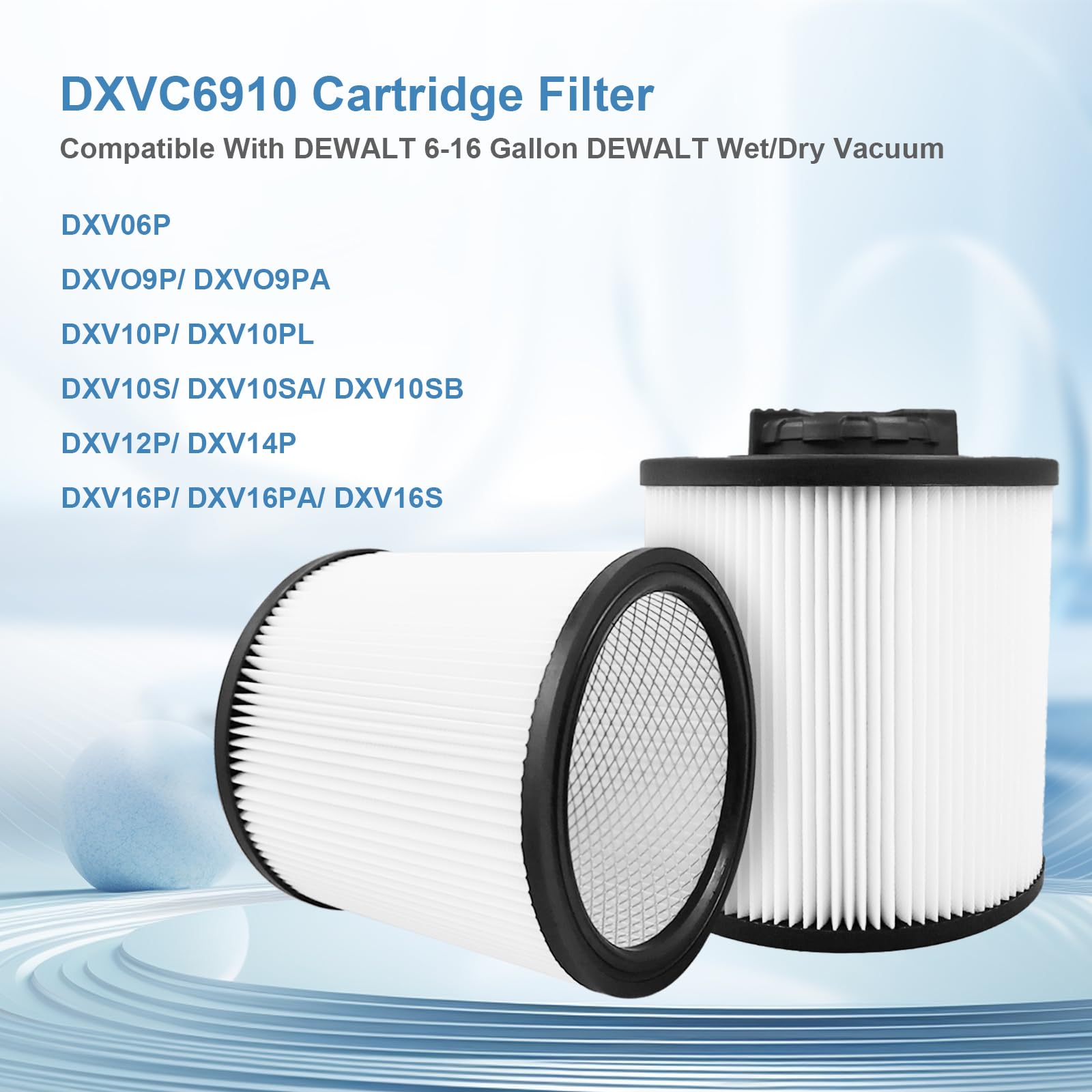 DXVC6910 Cartridge Filter for Dewalt Wet/Dry Vacuum 6-16 Gallon DXV06P DXVC6910 DXV09P DXV10P DXV10PL DXV10SA DXV12P DXV14P DXV16P, Washable Reusable High Efficiency Replacement Filter 4 Pack