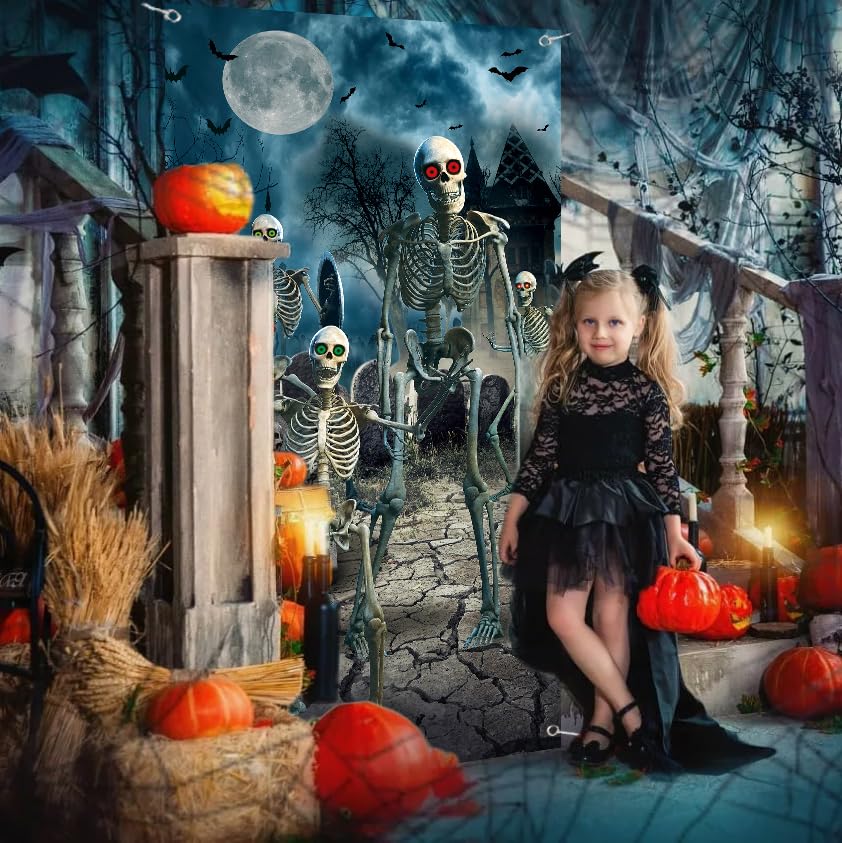 Generic Halloween Door Cover Decorations Scary Skeleton Theme Door Backdrop Halloween Photo Props Halloween Party Front Door Decorations Banner (6x3（180cmx90cm）)