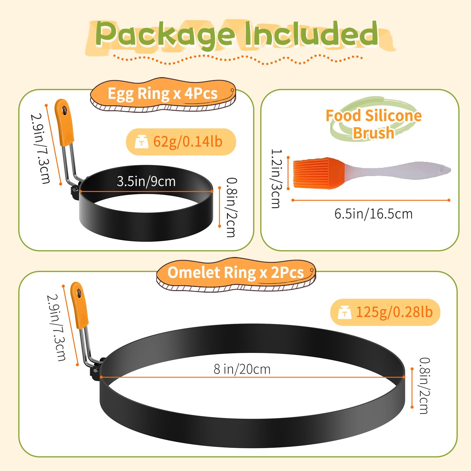 BYTANA 6 Pcs Egg Rings Set with Oil brush, 8" Omelette Ring of 2, 3.5" Egg Rings of 4, Non-stick Round Crumpet Ring with Heat-resistant Silicone Handle for Frying Eggs Muffins Cooking