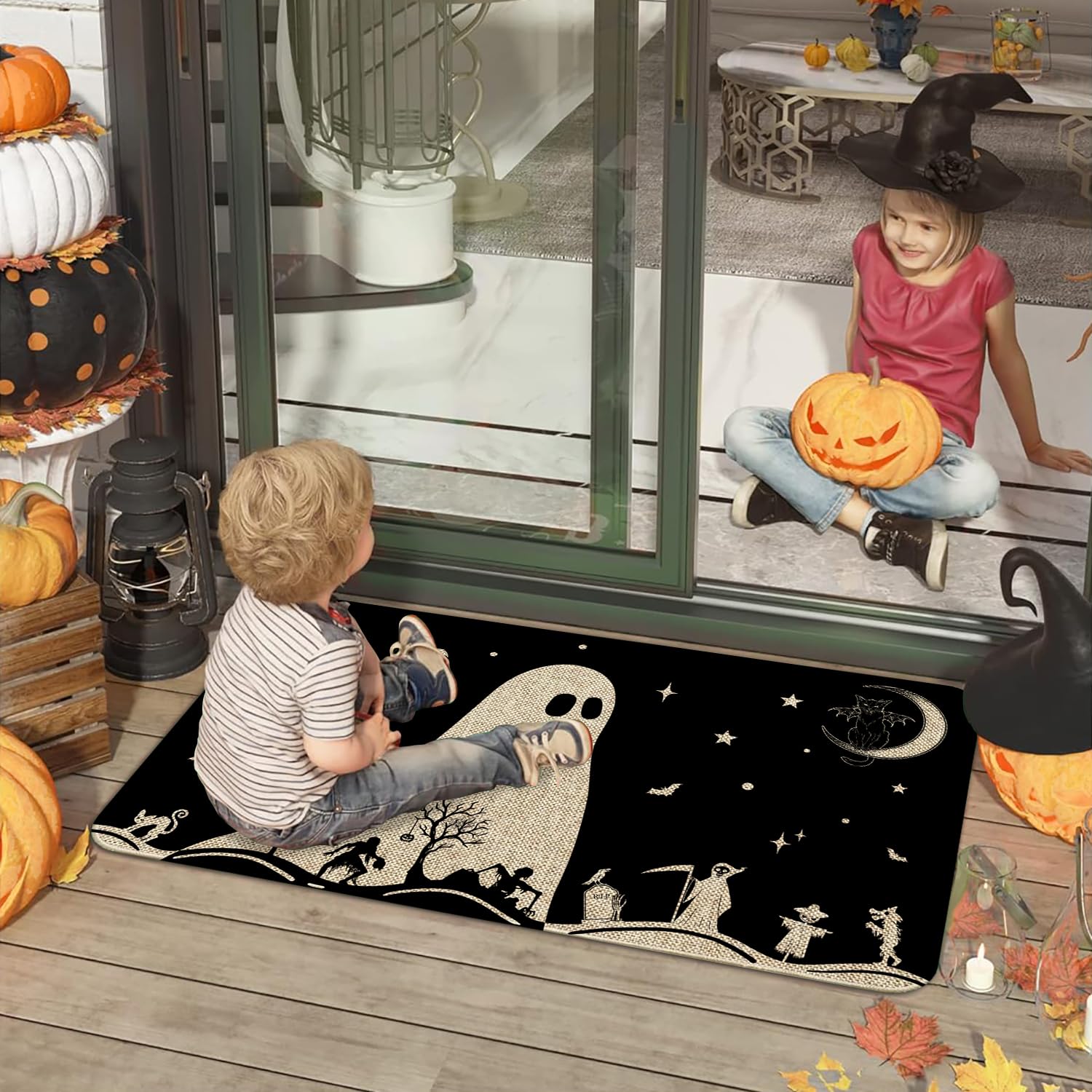 Ideasonna Halloween Spooky Ghost Door Mat Decor, Halloween Outdoor Welcome Mat, Halloween Doormat, Halloween Mats Outdoor Rugs Indoor, Black, 17" x 30"