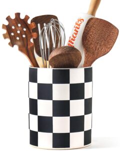 swkien utensil holder，7.2 inch checkered utensil holder, ceramic cooking utensil spoon/spatula holder for countertop, kitchen decor and accessories for counte(black)