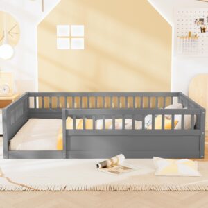 DNYN Full Size Floor Bed for Kids Bedroom,Solid Wood Bedframe w/Fence & Easy Assemble & Space Saving Design & No Box Spring Needed, Gray