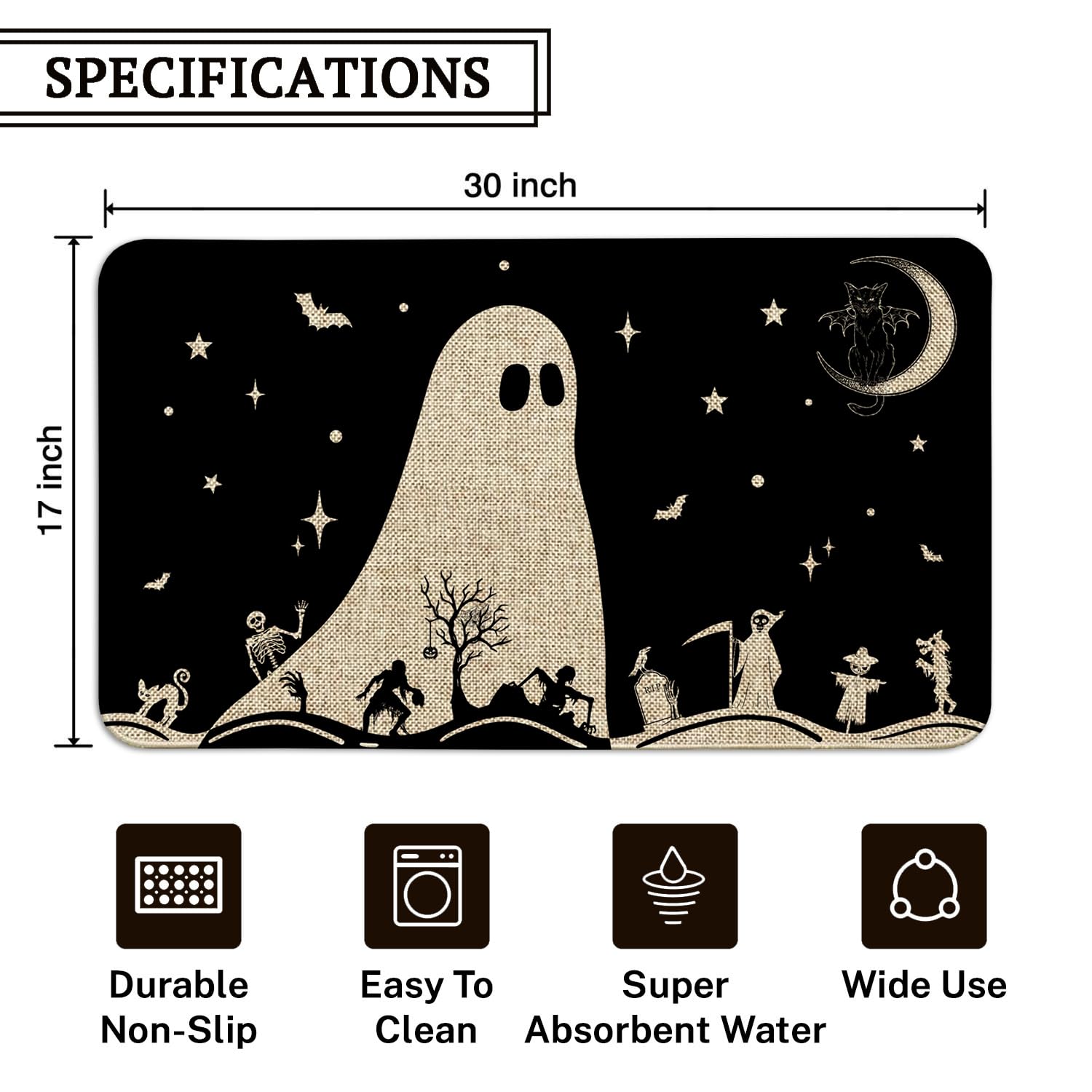 Ideasonna Halloween Spooky Ghost Door Mat Decor, Halloween Outdoor Welcome Mat, Halloween Doormat, Halloween Mats Outdoor Rugs Indoor, Black, 17" x 30"