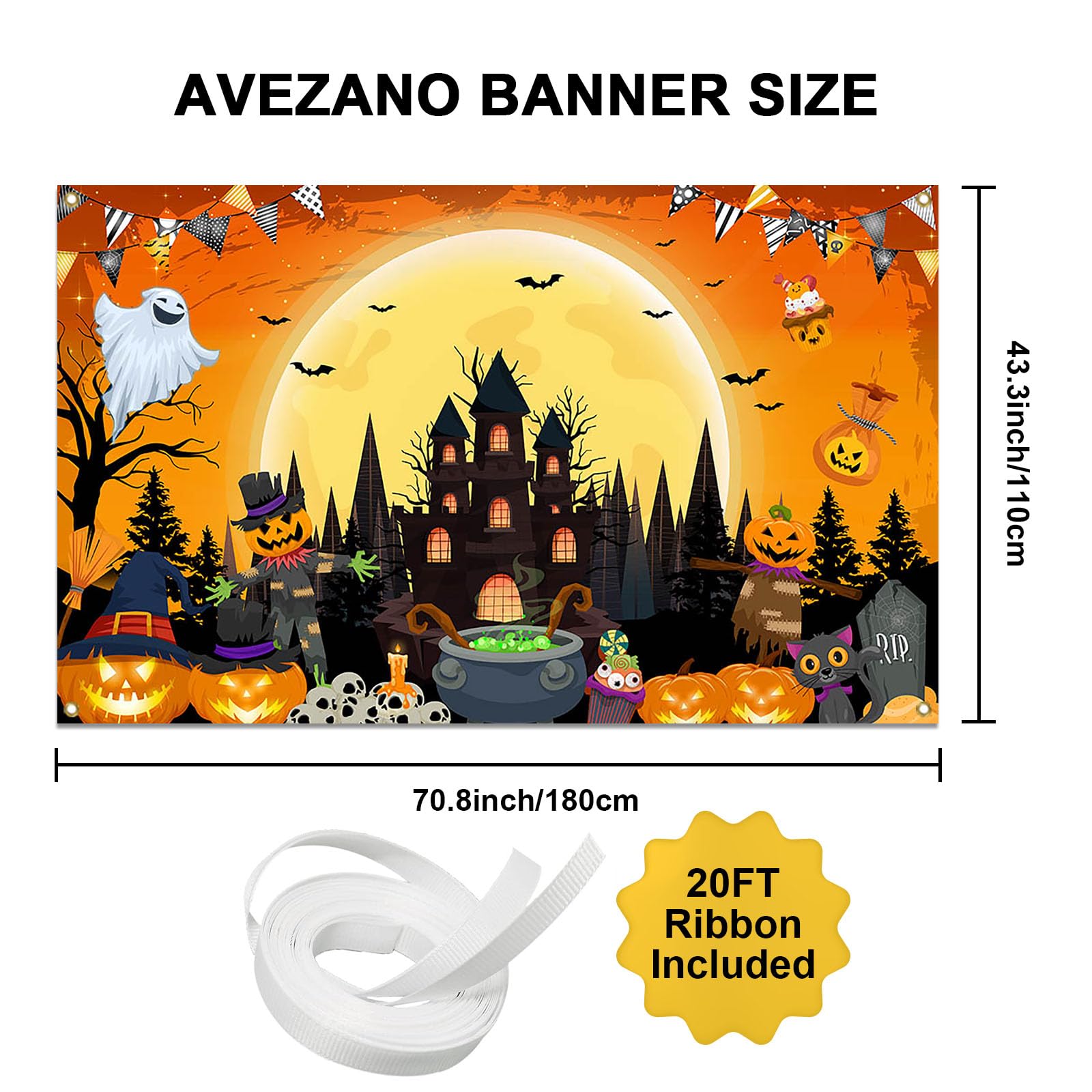 Avezano Happy Halloween Banner Spooky Halloween Backdrop Trick or Treat Halloween Banner Halloween Party Decorations Kids Outdoor 70.8x43.3 inch, Orange