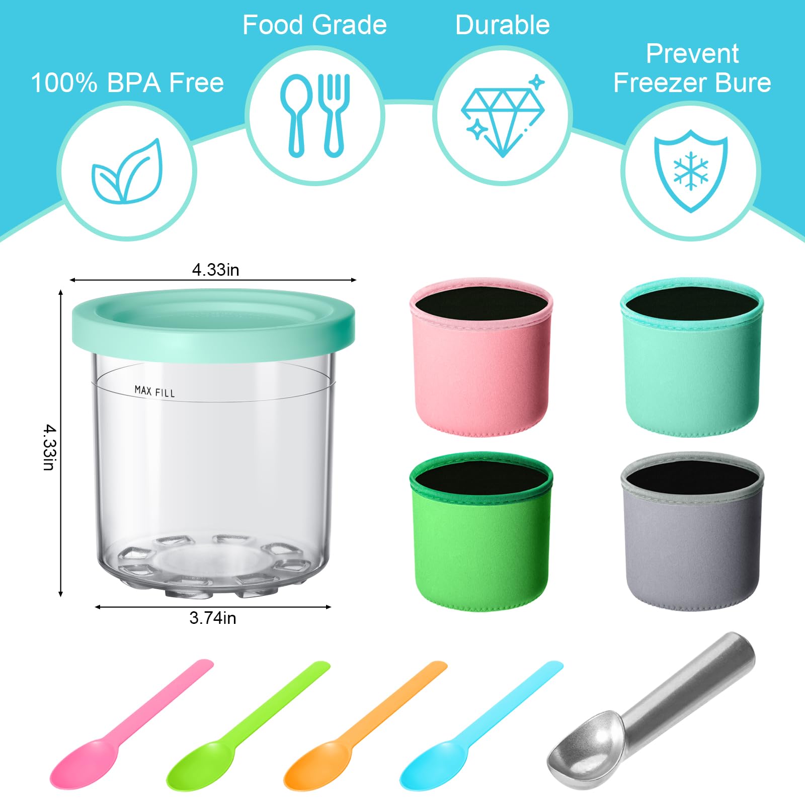 For Ninja Creami Pints and Lids-4 Pack, 16oz Cups Compatible with Ninja Ice Cream Maker NC301 NC300 NC299AMZ NC290 Series, Replacements for Ninja Creami Containers with Insulated Sleeves(Solid)