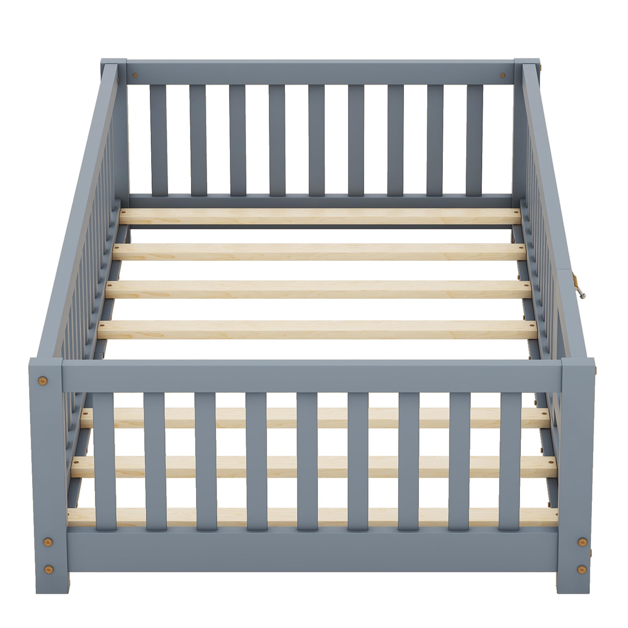 DNYN Twin Size Floor Bed for Kids Bedroom,Solid Wood Bedframe w/Door/Safety Guardrails/Wood Slat Support/Easy Assemble/Space Saving Design/No Box Spring Needed, Gray