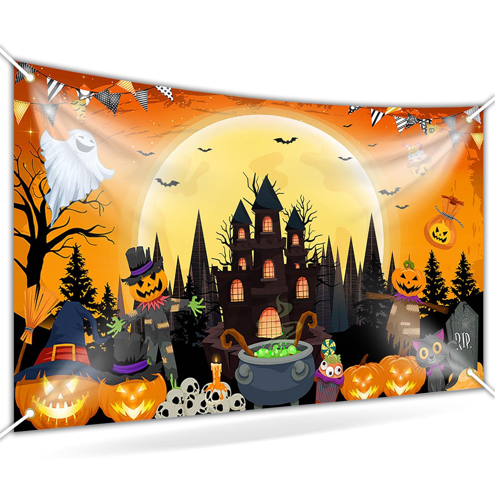 Avezano Happy Halloween Banner Spooky Halloween Backdrop Trick or Treat Halloween Banner Halloween Party Decorations Kids Outdoor 70.8x43.3 inch, Orange