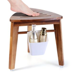 boulphia 12.8'' shower stool for inside shower, acacia wood shower foot rest for shaving legs, waterproof corner shower stool with storage shelf for inside small shower spaces