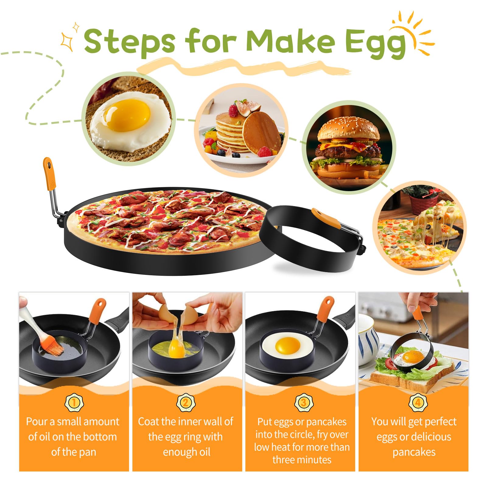 BYTANA 6 Pcs Egg Rings Set with Oil brush, 8" Omelette Ring of 2, 3.5" Egg Rings of 4, Non-stick Round Crumpet Ring with Heat-resistant Silicone Handle for Frying Eggs Muffins Cooking