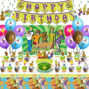 scooby dog doo birthday party supplies, dog party decorations including birthday banner, backdrop, hanging swirls, tablecloth, balloons, cake toppers for dog party supplies